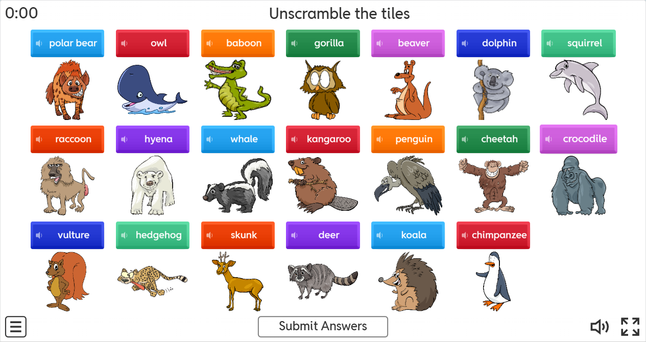 Wild Animals ESL Interactive Unscramble Worksheet