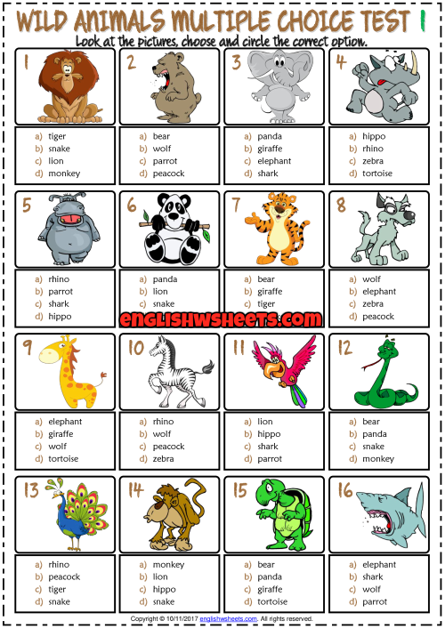 Wild Animals ESL Printable Multiple Choice Tests For Kids Wild Animals ESL Printable Multiple Choice Tests For Kids