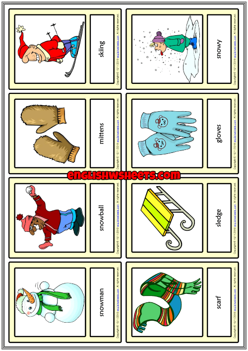 Winter ESL Printable Vocabulary Learning Cards For Kids