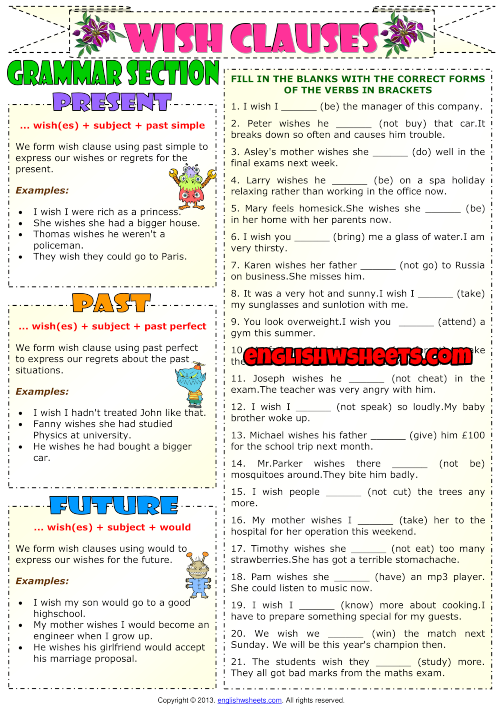 Wish Clauses ESL Grammar Exercises Worksheet