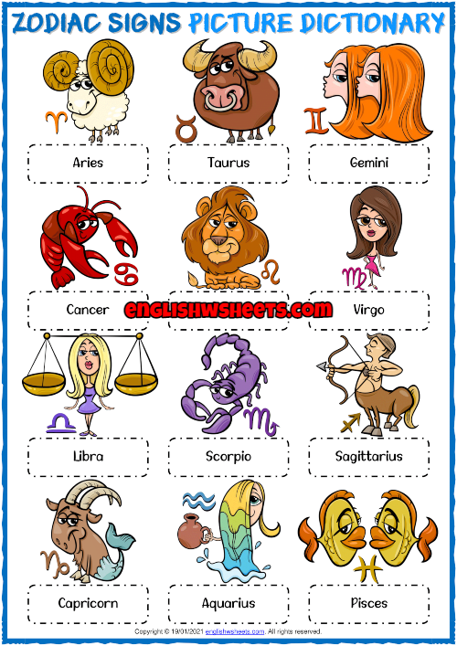 Zodiac Signs ESL Printable Picture Dictionary Worksheet