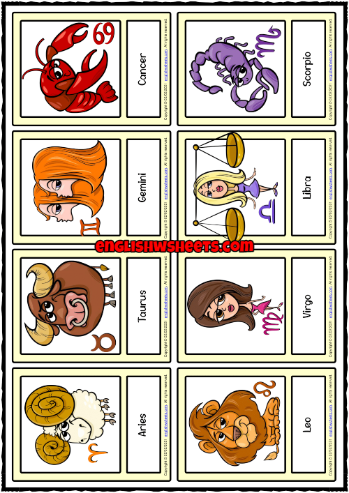 Zodiac Signs ESL Printable Vocabulary Learning Cards For Kids